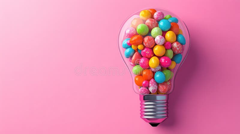 A Whimsical Lightbulb Overflowing with Colorful Candies on a Soft Pink ...