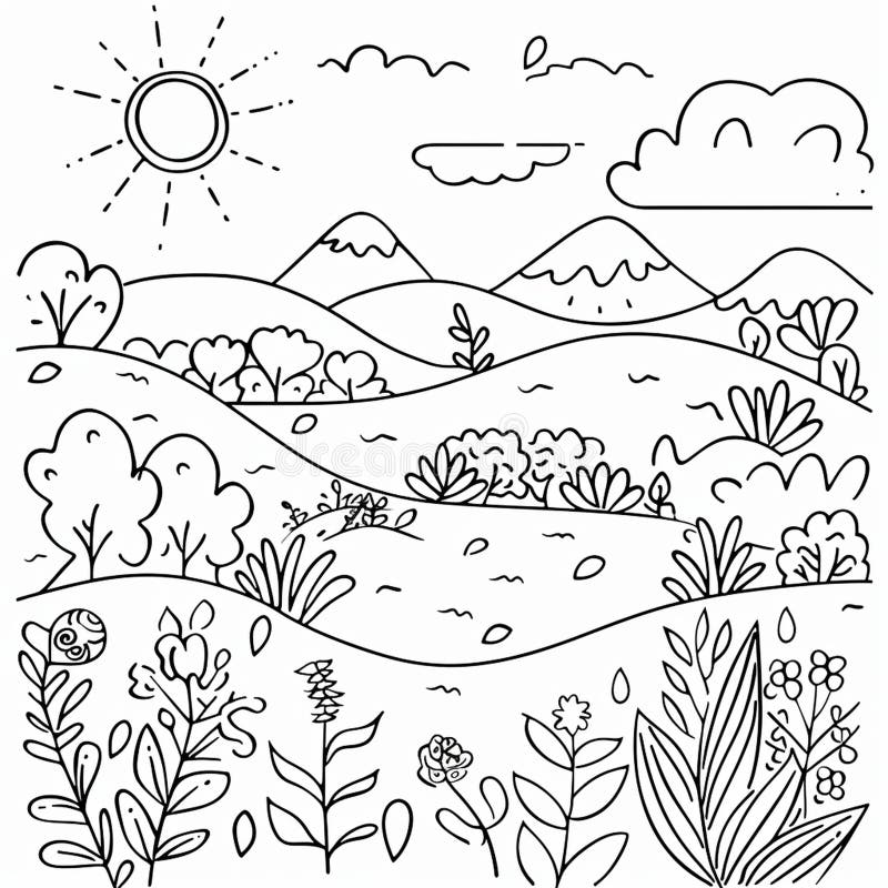 A Whimsical Line Art Landscape Illustration with Sun, Mountains, and ...