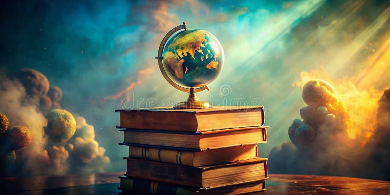 A Whimsical Literary Escape a Surreal Globe Perched Precariously on a Towering Stack of Books ...