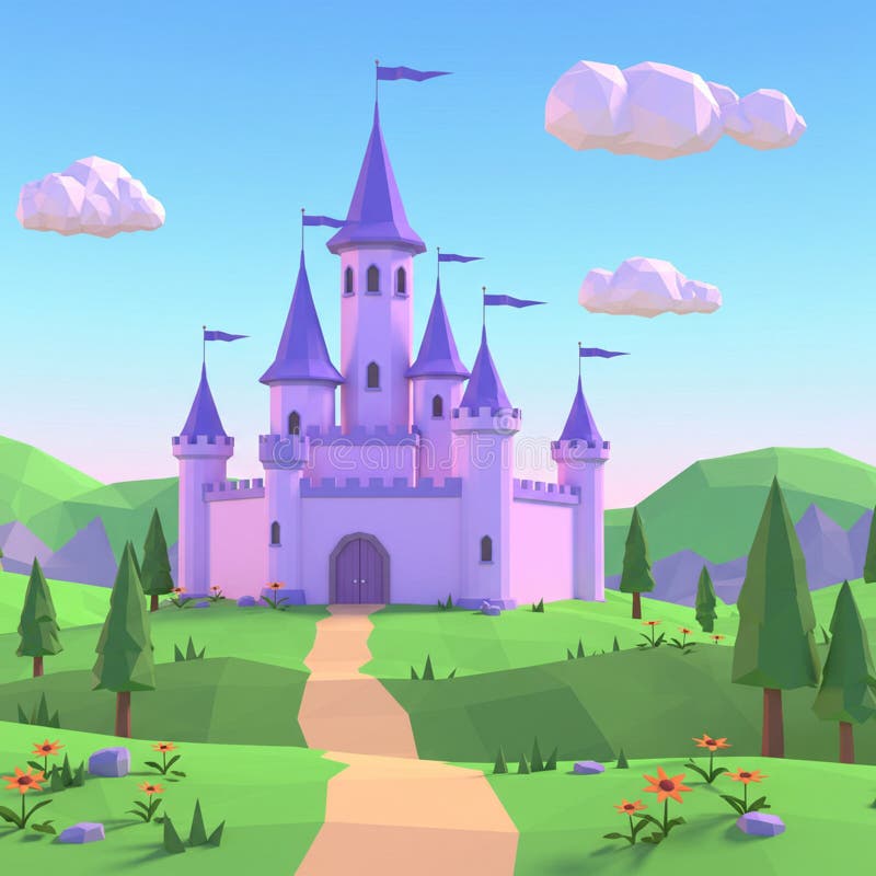 A Whimsical, Low-poly Castle Scene Features a Pastel Purple Castle with ...