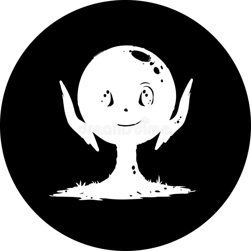 Whimsical Lunar Entity Illustration within Circular Monochrome ...