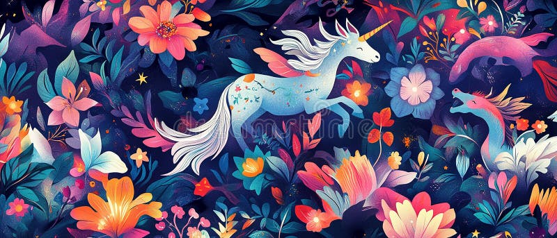 Whimsical Magical Creatures Pattern Design Stock Illustration ...