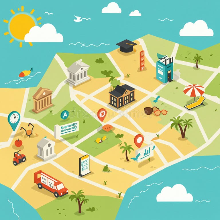 Whimsical Map Illustration Features Various Landmarks and Objects ...