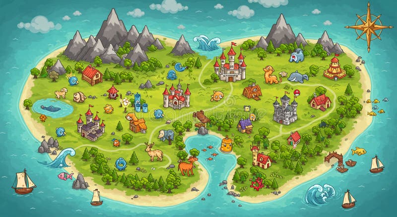 Whimsical Map of an Island Featuring Vibrant Landscapes and Diverse ...