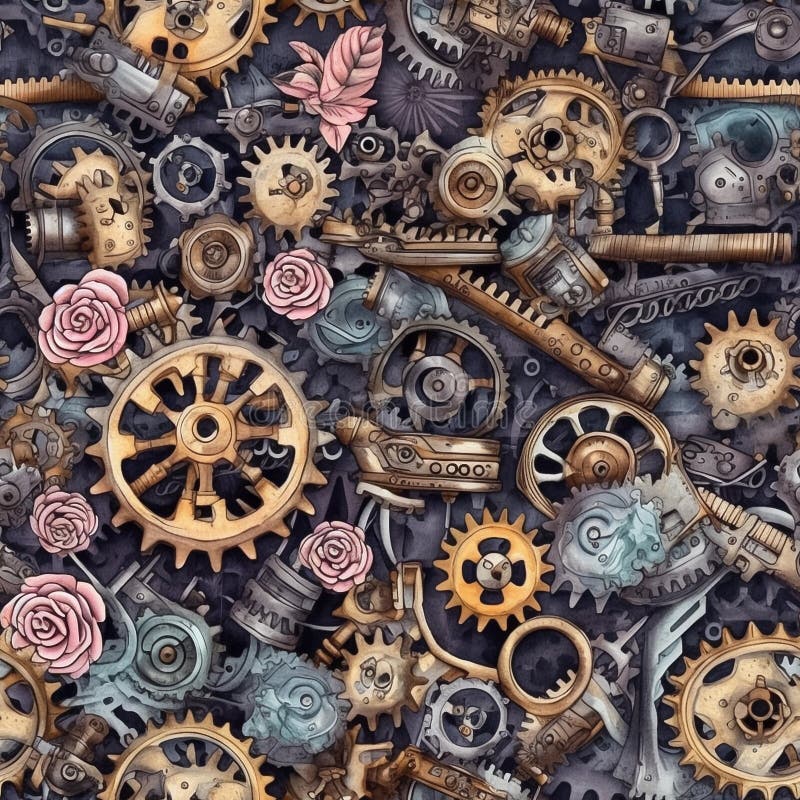 Whimsical Mechanical Seamless Pattern with Gears. Intricate Background ... Whimsical Mechanical Seamless Pattern with Gears. Intricate Background ...