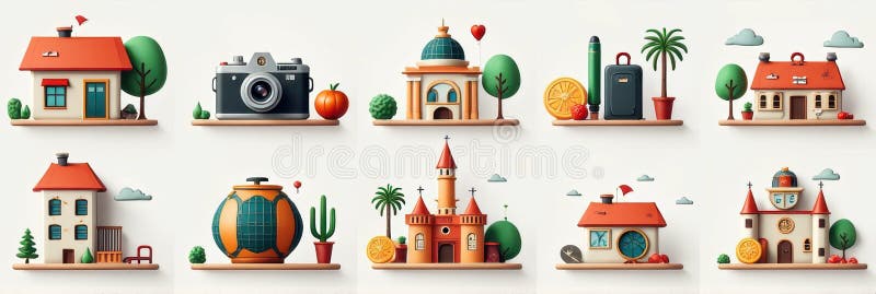 Whimsical Miniature Buildings and Objects on Shelves with Travel Theme ...