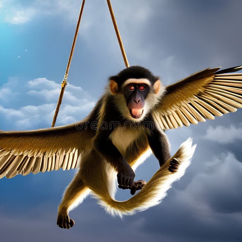 A Whimsical Monkey with Angelic Wings, Swinging through a Celestial Sky ...