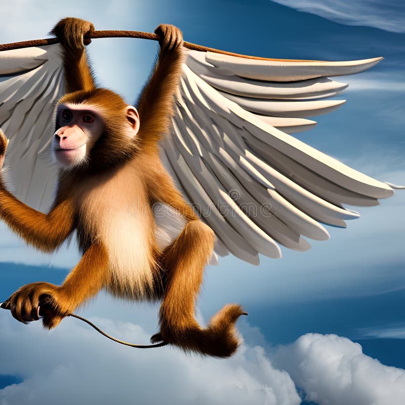 A Whimsical Monkey with Angelic Wings, Swinging through a Celestial Sky ...