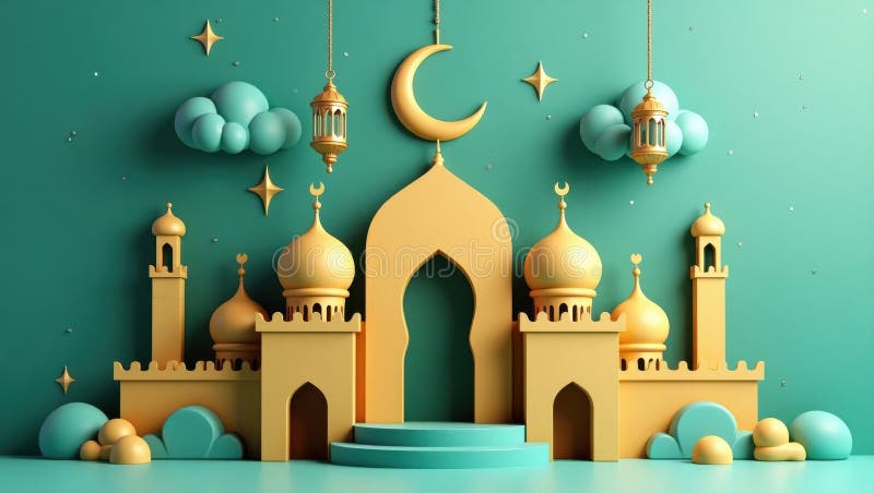Whimsical Mosque Scene with Crescent Moon, Lanterns, Stars, and Trees ...