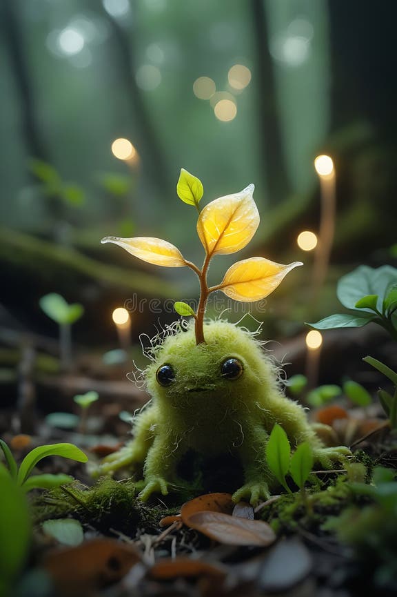 Whimsical Moss Creature, Tiny Plant Seedling, Glowing Leaf, Magical ...