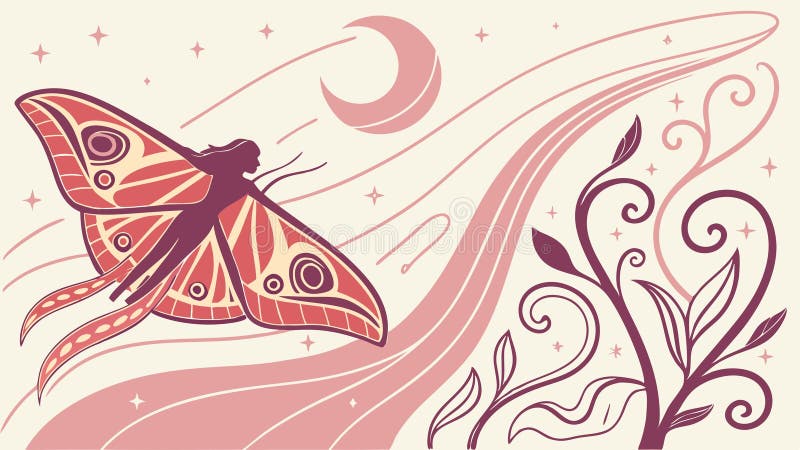 Whimsical Moth with Moon and Flowing Organic Shapes, Vector Design ...