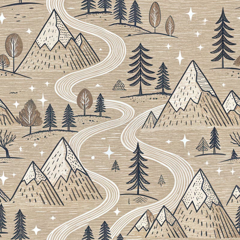 Whimsical Mountain Landscape Pattern with River and Trees on Brown ...