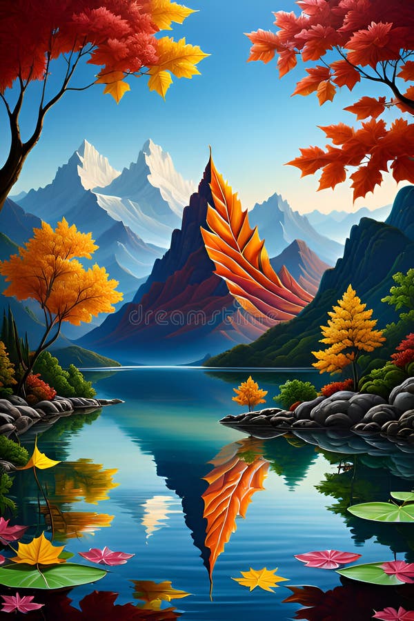 The Whimsical Mountins View, with Leaf and Spring Tree, Reflection on ...