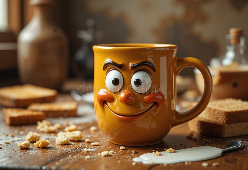 Whimsical Mug with a Smiling Face, Milk Spill, and Biscuits Stock ...