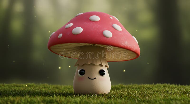 A Whimsical Mushroom Character with a Smiling Face Stands on a Grassy ...