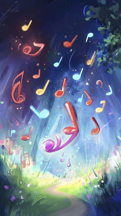 Whimsical Music Notes Float through Colorful Nature Stock Illustration ...