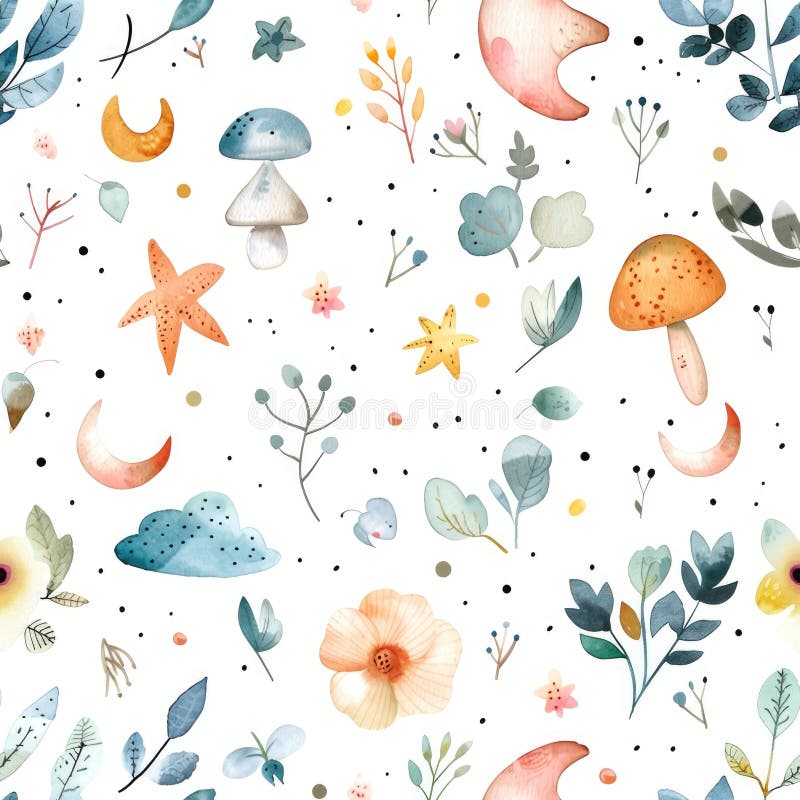 Whimsical Nature Patterns: Mushrooms, Moons, and Botanical Elements ...