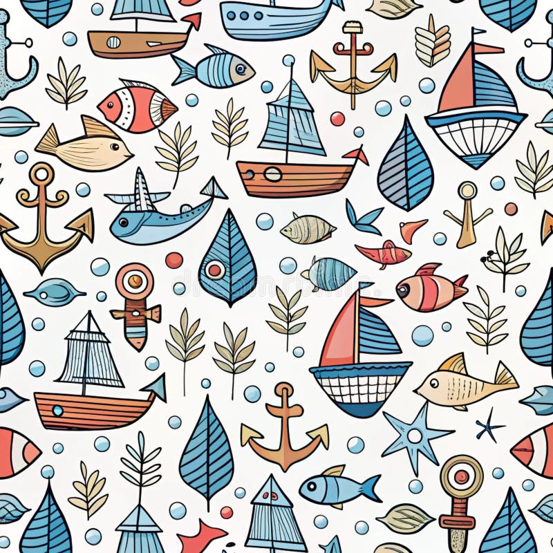 Whimsical Nautical Pattern Featuring Ships, Fish, Anchors, and Aquatic ...