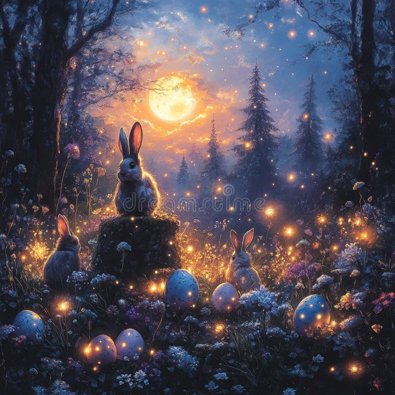 A Whimsical Night Scene with Glowing Flowers, Two Rabbits on a Log, and ...