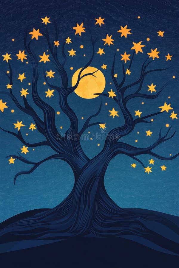 Whimsical Night Scene with Starry Tree and Full Moon in Vibrant Colors ...