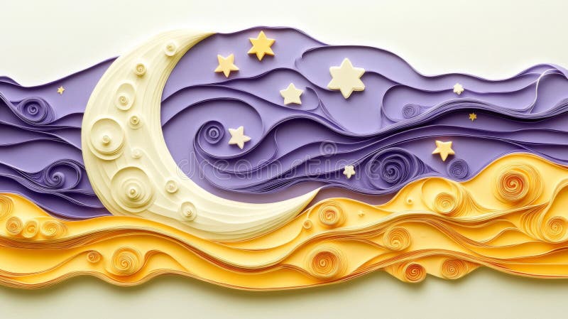 Whimsical Night Sky Paper Art with Crescent Moon and Stars Stock ...