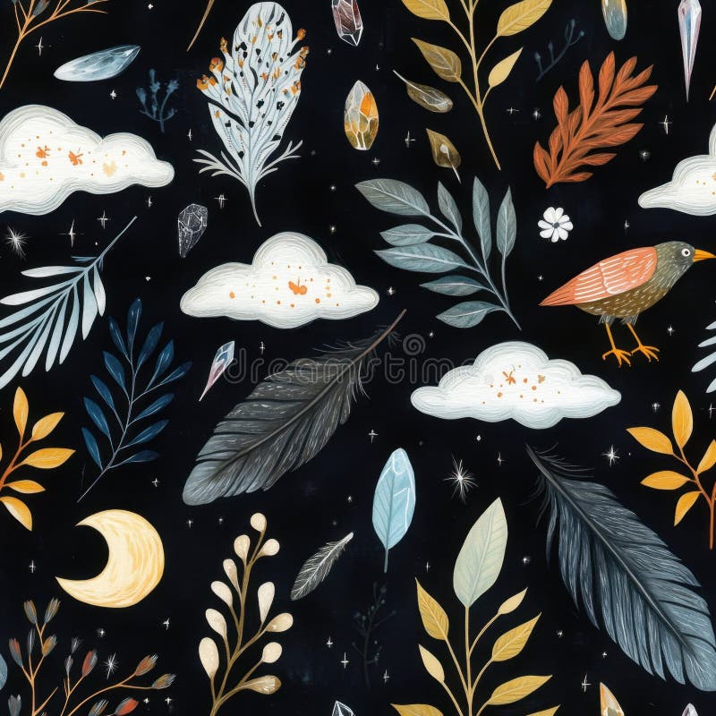 Whimsical Night Sky Pattern with Feathers, Leaves, and Celestial ...