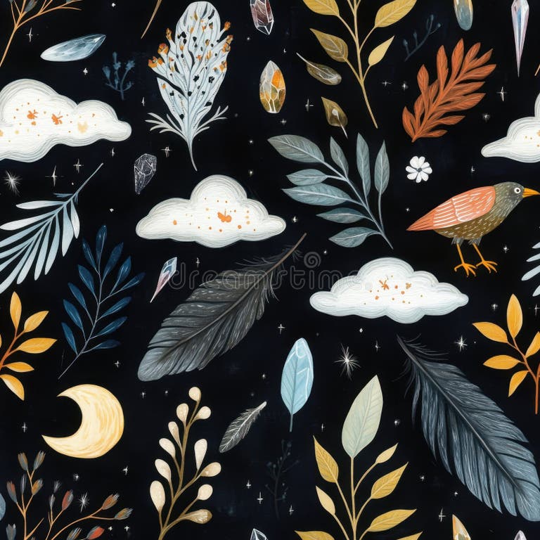 Whimsical Night Sky Pattern with Feathers, Leaves, and Celestial ...