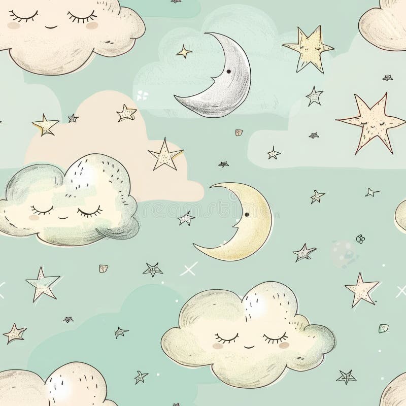Whimsical Night Sky with Sleepy Clouds and Moons Illustration Stock ...