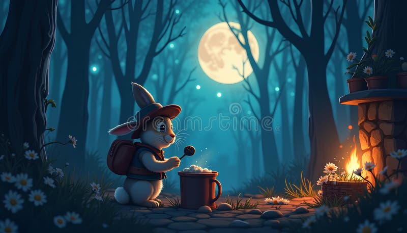 A Whimsical Nighttime Scene Featuring an Anthropomorphic Rabbit Wearing ...