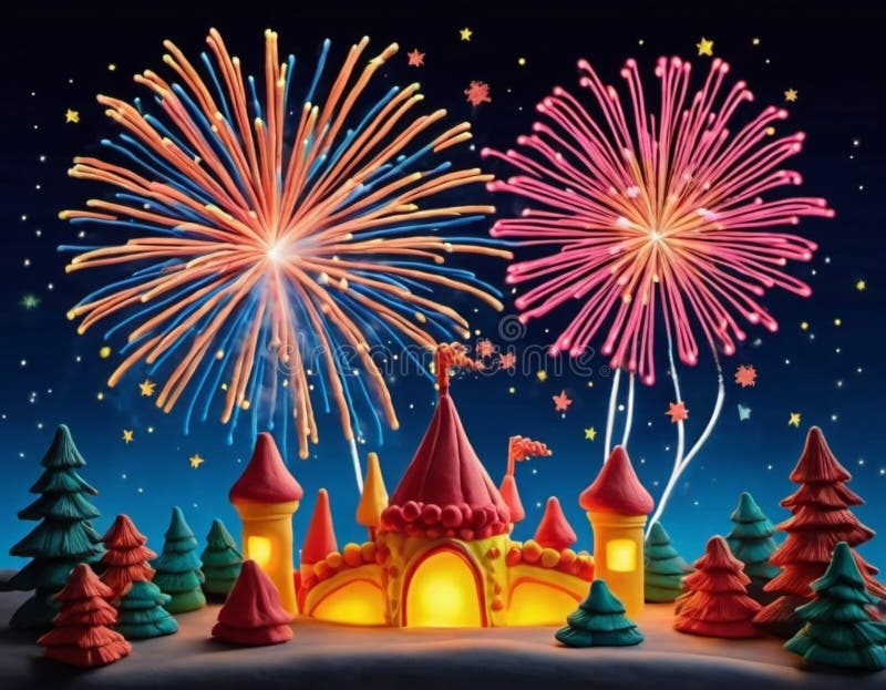 A Whimsical Nighttime Scene Featuring a Playdough Castle Illuminated by ...