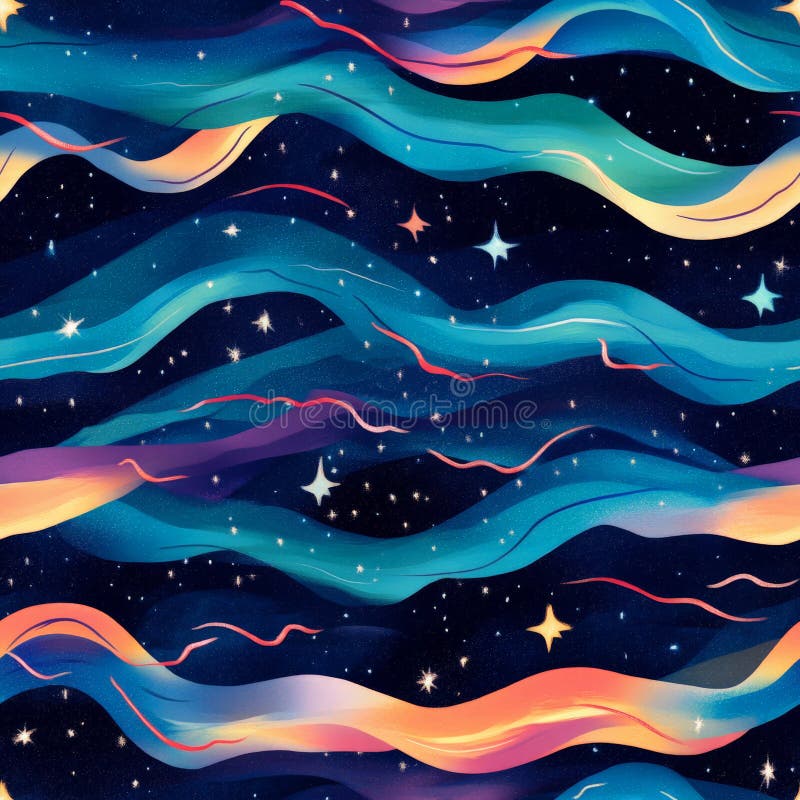 A Whimsical Northern Lights Pattern with Glowing Aurora Waves Dancing Across a Starry Sky Stock ...