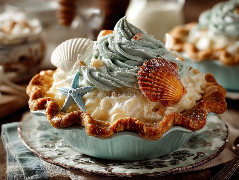 A Whimsical Ocean Pie with Seaside-themed Decorations and Flavors Stock ...