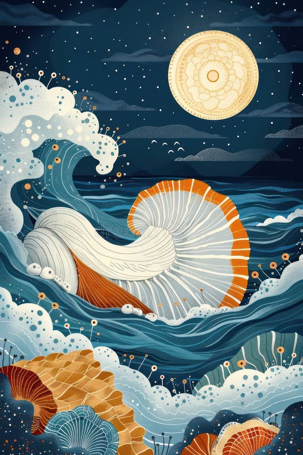Whimsical Ocean Wave at Night with Full Moon and Fantasy Coral Reefs ...