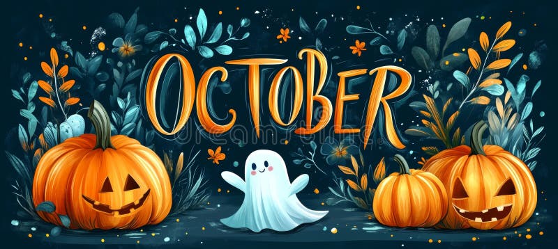 Whimsical October Scene Pumpkins, Ghost, and Floral Design for ...