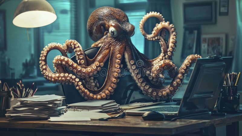 Whimsical Octopus at a Cluttered Desk Workspace Stock Illustration ...
