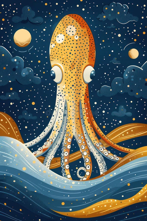 Charming Octopus in Night Sky, Ocean Waves Stock Illustration ...