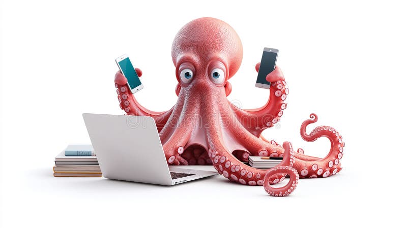 Whimsical Octopus Multitasking with Laptop and Smartphones Showcasing ...