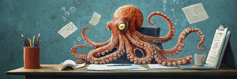 Whimsical Octopus in Office Surrounded by Flying Papers Stock ...