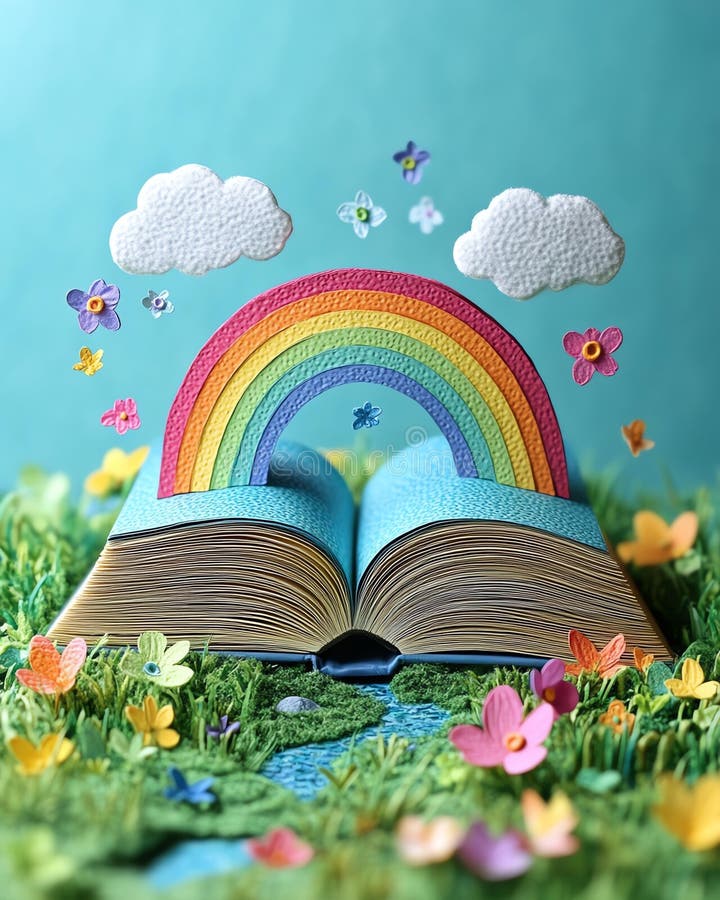 A Whimsical Open Book with a Rainbow and Flowers, Symbolizing ...