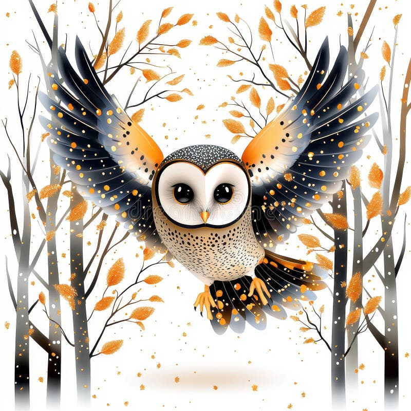 Whimsical Owl Flying through Magical Forest with Golden Leaves Stock ...