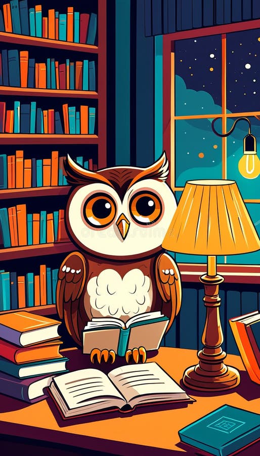 Whimsical Owl Reading Nighttime Scene in Cozy Library Setting Stock ...