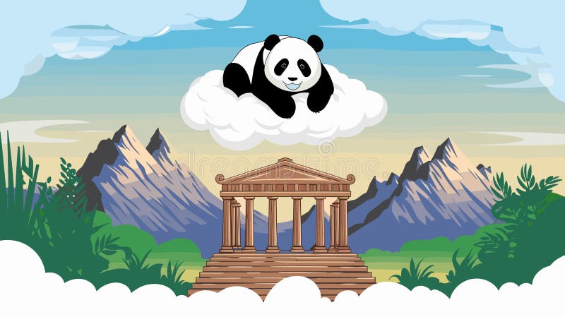 Whimsical Panda Floating on Cloud Above Ancient Temple and Mountains ...