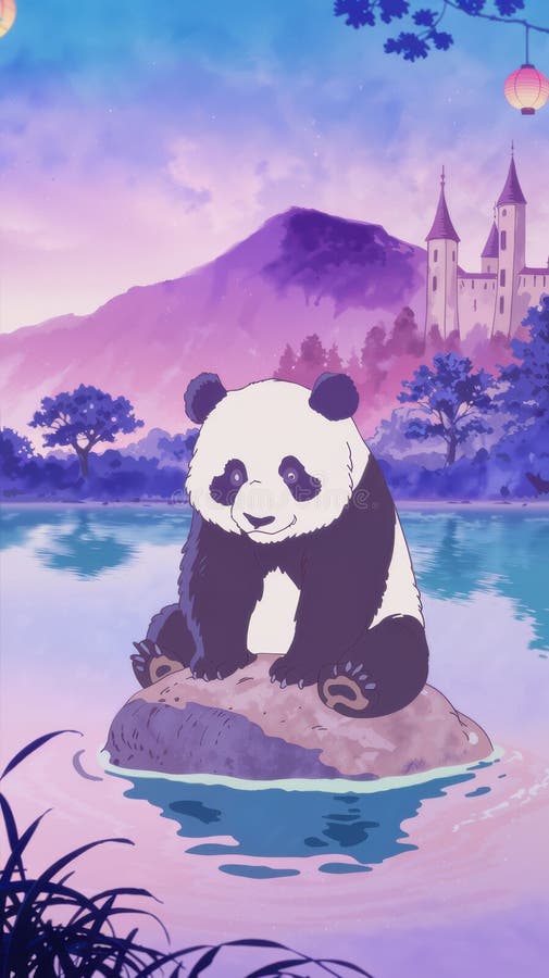 Whimsical Panda Sitting on Rock in Tranquil Lake with Mountain and ...