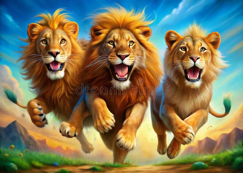 A Whimsical Panoramic View of Three Cartoon Lions Playful Interactions ...