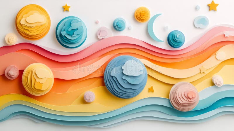 Whimsical Paper Art Planets and Rainbow Waves Stock Illustration ...