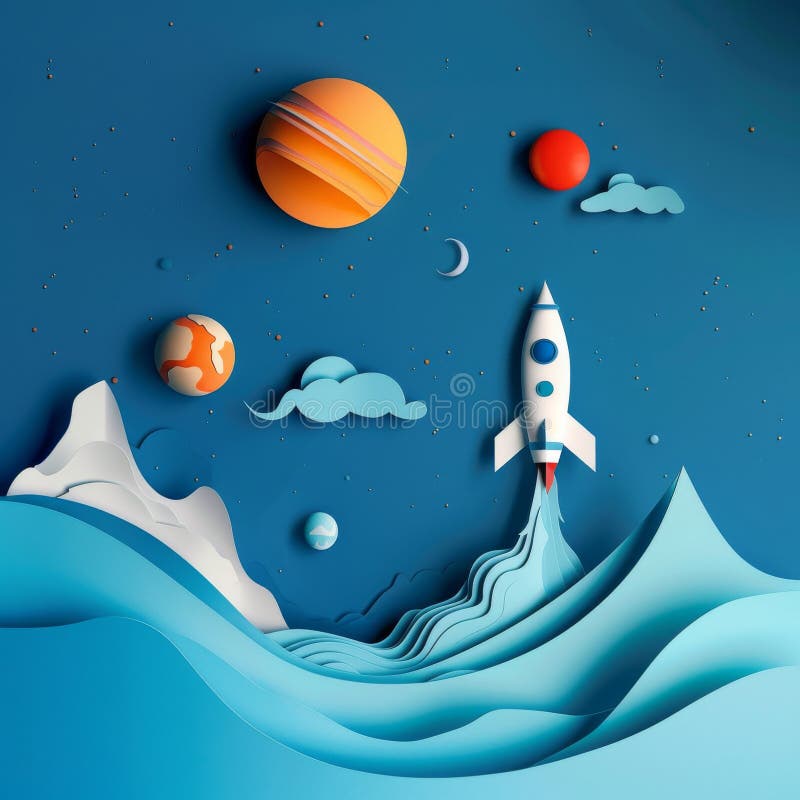 Space Adventure in Paper Art Featuring a Rocket Launch Amidst Stylized ...