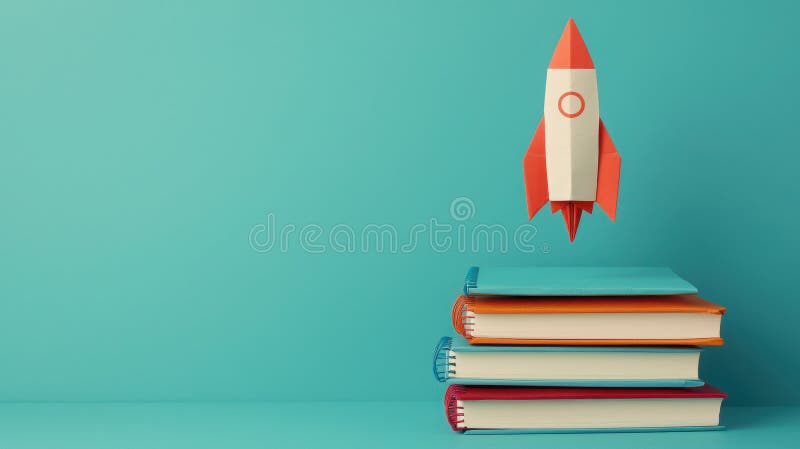 Colorful Paper Rocket Launching Above Stack of Vibrant Books on Teal ...