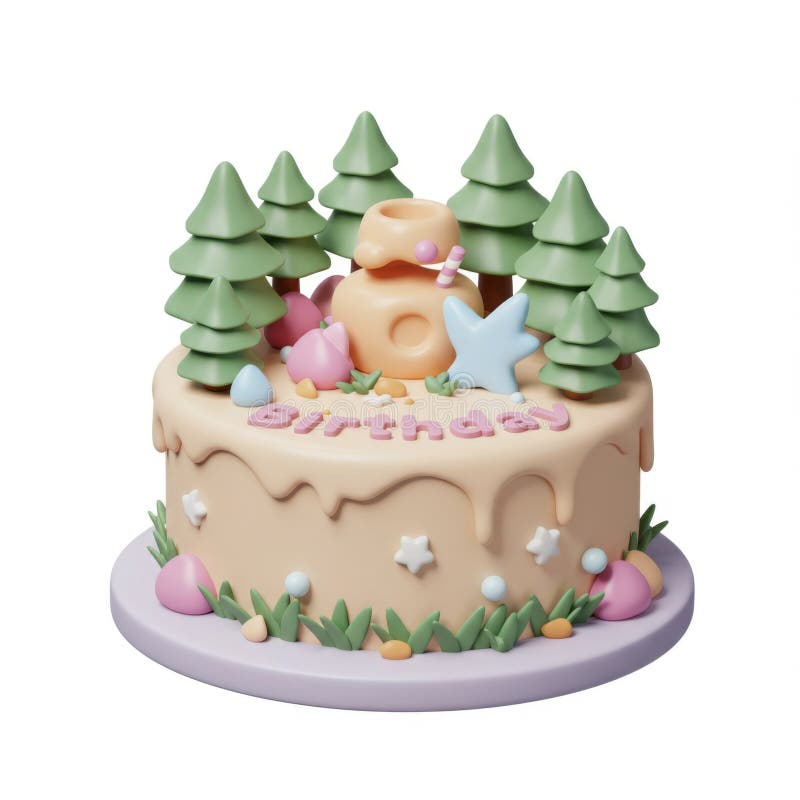 Whimsical Pastel Birthday Cake with Green Trees Stock Illustration ...