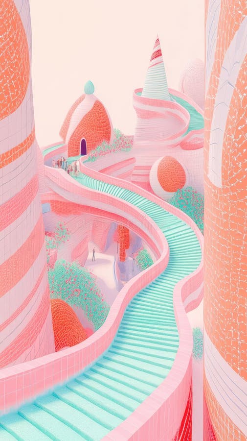 A Whimsical, Pastel-colored Landscape with Winding Paths and Abstract ...