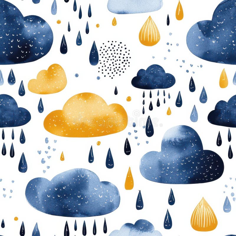 Whimsical Pattern Depicting Rain and Clouds Creating a Playful Design ...